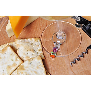 Cork & Leaf Flowers & Insects Wine Glass Markers - Set of 7, Wine Charms, Wine Accessories and Gifts, Drink Markers, Wine Glass Charms, Includes a Black Sateen Storage Bag