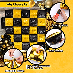 AIERSA Black And Gold Balloon Backdrop Wall,25Pcs Square Foil Balloons for Graduation,Birthday,Anniversary,Retirement Party Decoration Supplies