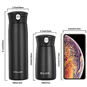Diller Thermal Water Bottle, Coffee Travel Mug 16 or 8 oz Kids Mini Water Bottle Tumbler with Spout Lid, Leak Proof Flask for Kids and Women Keep 12H Piping Hot & 24H Cold (Black, 8 oz)