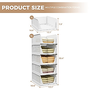 Pinkpum Stackable Plastic Storage Basket-Foldable Closet Organizers and Storage Bins 5 Pack Drawer Shelf Storage Container for Wardrobe Cupboard Kitchen Bathroom Office 5L