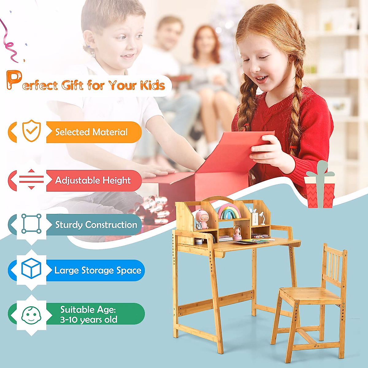 Costzon Kids Desk and Chair Set, Height Adjustable Bamboo Desk with Storage Hutch, Student Writing Computer Workstation for Bedroom, School, Children Study Table and Chair Set for Girls Boys Ages 3+