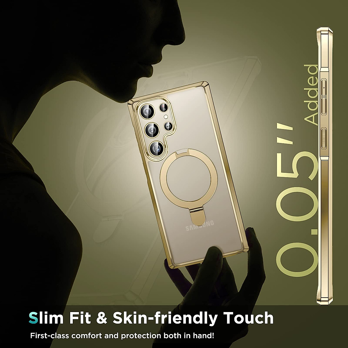 Juntone for Samsung Galaxy S23 Ultra Case with Magnetic Stand,[Compatible with Magsafe][Non-Yellowing], Slim Protective Matte Back and Green Edge Phone Case for Galaxy S23 Ultra Case 6.8 Inch-Gold