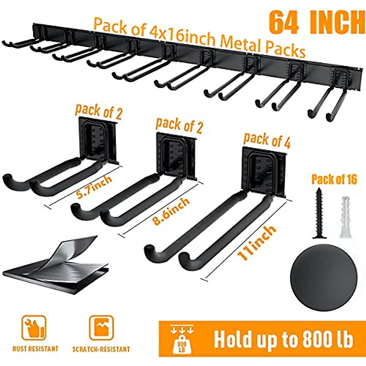 TORACK Tool Storage Rack, Heavy Duty Steel Garage Wall Mount Garden Tool Organizer for Ladders, Chairs, Shovels, Broom, Power Tools (8-Pack 5.7"-11" Mixed Hooks, up to 800 lbs)