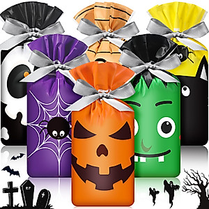 Aliceset 60 Pcs Halloween Treat Bags with Drawstring Halloween Plastic Candy Bags Trick or Treat Goodie Bags for Halloween Birthday Party Favors Snack Gift Wrapping Supplies