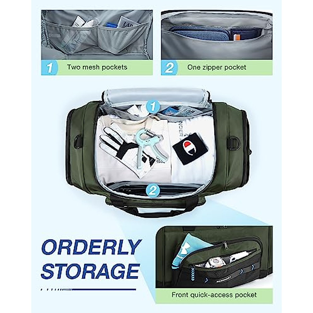 Gym Bag for Men & Women, BAGSMART Sports Travel Duffel Bag Carry-on Bag, Lightweight Weekend Overnight Bag with Shoe Compartment & Wet Pocket, Water-resistant Workout Duffle Bag for Travel Gym -Green