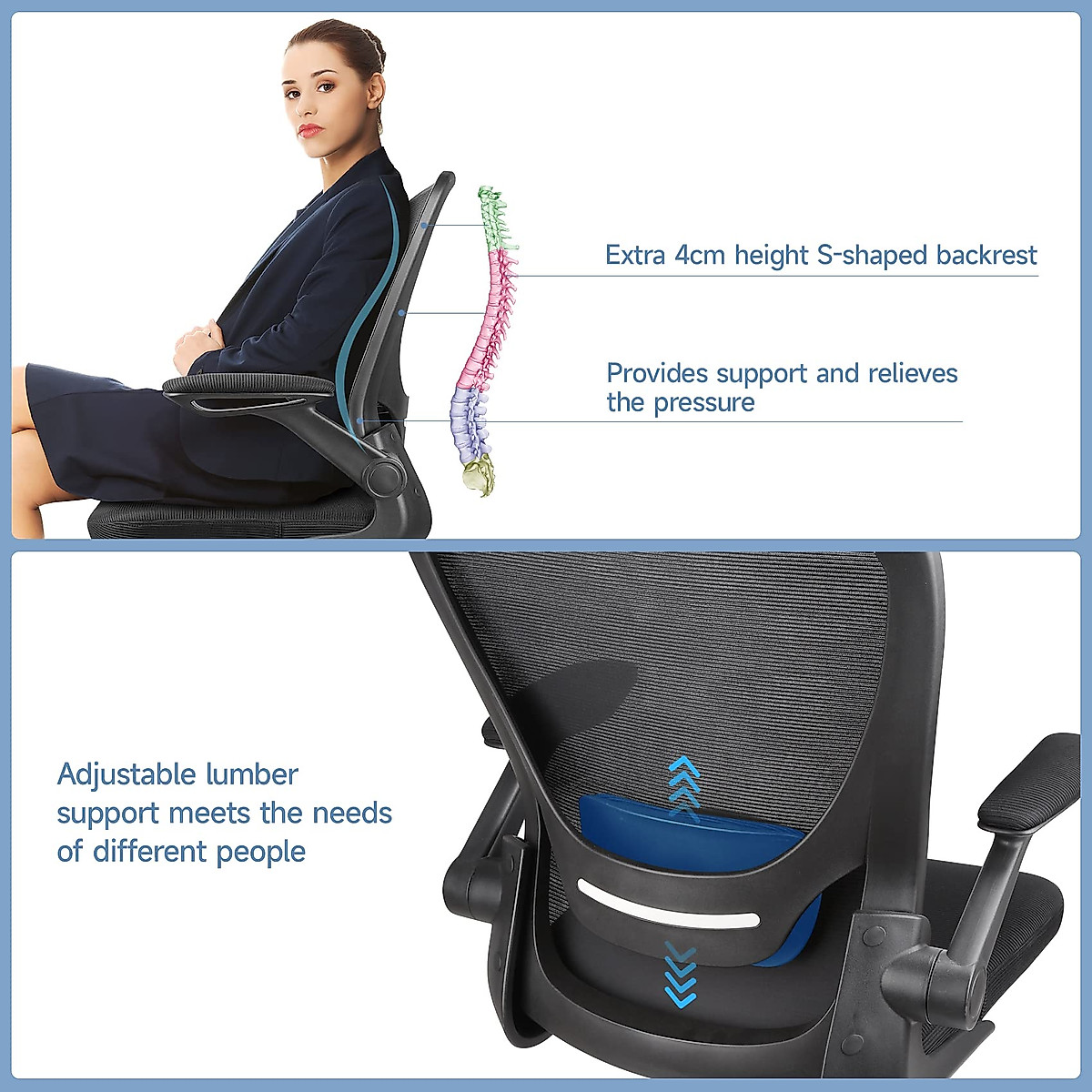 Ergousit Ergonomic Home Office Chair, Mesh Office Chair Flip Up Arms with Lumbar Support, Adjustable Comfortable Computer Desk Chair Ergonomic, 250Lbs Capacity (Black)