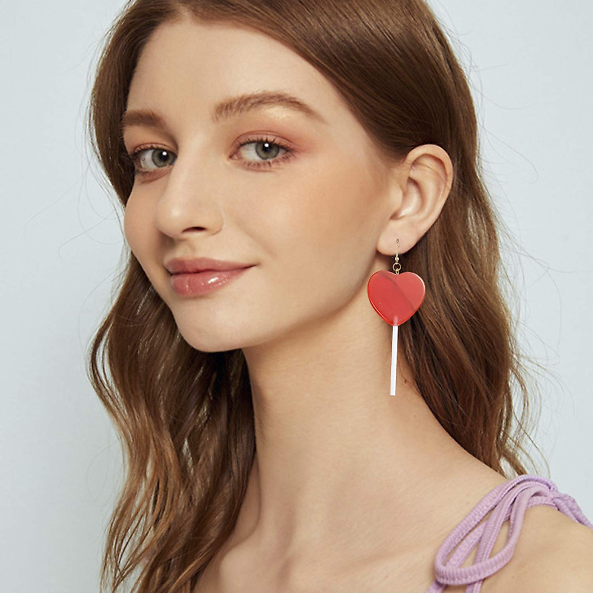 Food Sweet Cute Clear Transparent Heart Candy Resin Lollipop Earrings Resin Candy Earrings Costume Trendy Style Women Jewelry (Heart Candy Resin Lollipop Earrings-Red)