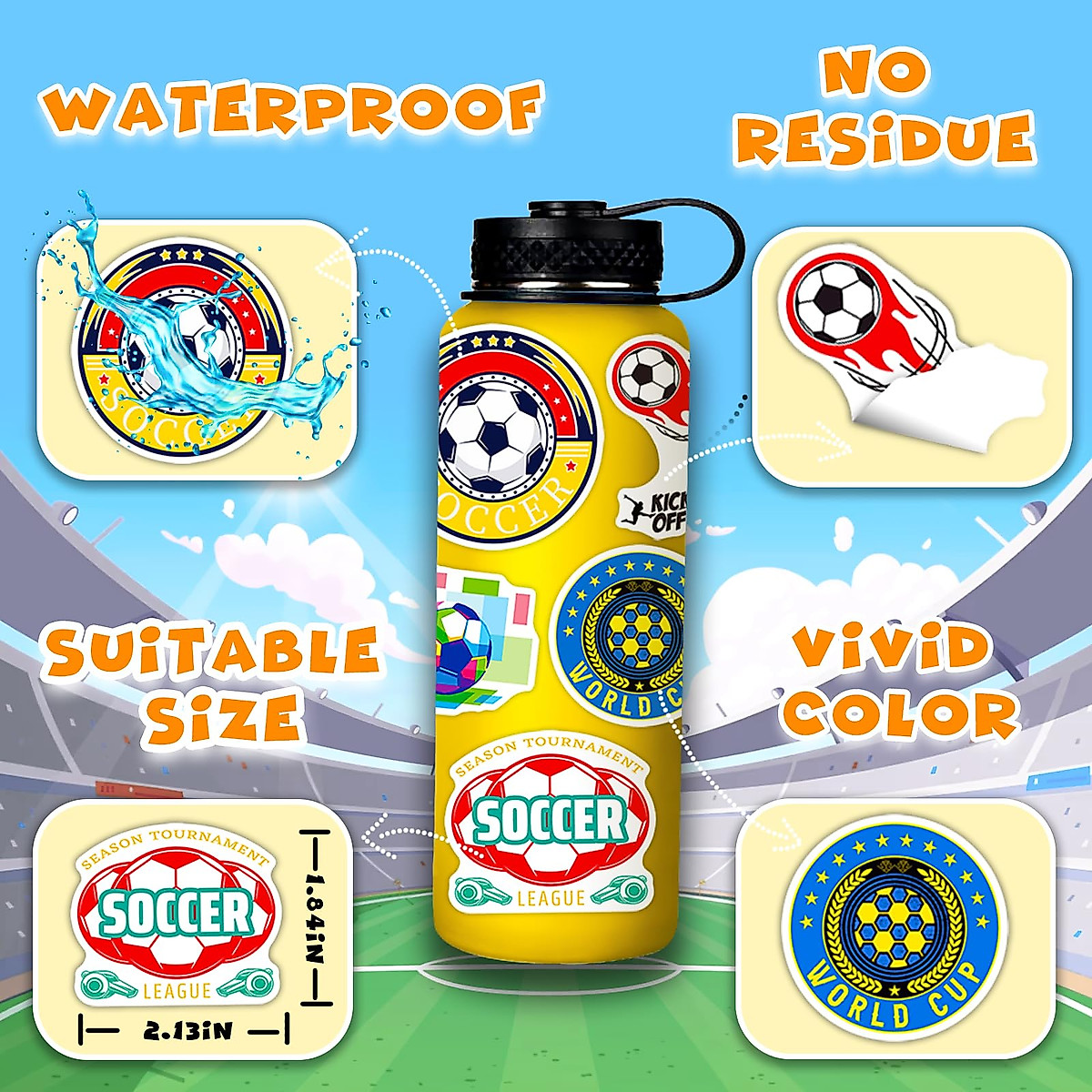 WAKEMOODEI Soccer Stickers 200PCS Soccer Sports Stickers for Boys, Waterproof Vinyl Stickers for Water Bottles, Kids Stickers Soccer Party Favors Soccer Gifts Stickers for Kids Teens Soccer Lovers