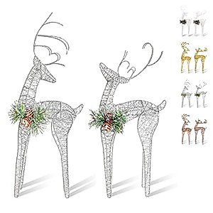 ZHANYIGY 2pc Set White Pinecone Rattan Silver Thread String Christmas Reindeer Figurine Table Desk Decorations Glittering Xmas Holiday Party Supply