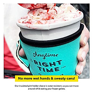 Lit Handlers Ice Cream Cooler Sleeve - Neoprene Pint Holder with Handle and Pocket - Tear Resistant Cooler - Machine Washable & Leak Proof Cup Cover for Frozen Desserts(Cowhide w/Turquoise Leather)