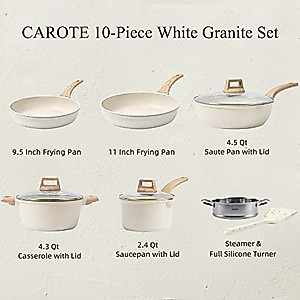 CAROTE Pots and Pans Set Nonstick, White Granite Induction Kitchen Cookware Sets, 10 Pcs Non Stick Cooking Set w/Frying Pans & Saucepans(PFOS, PFOA Free)