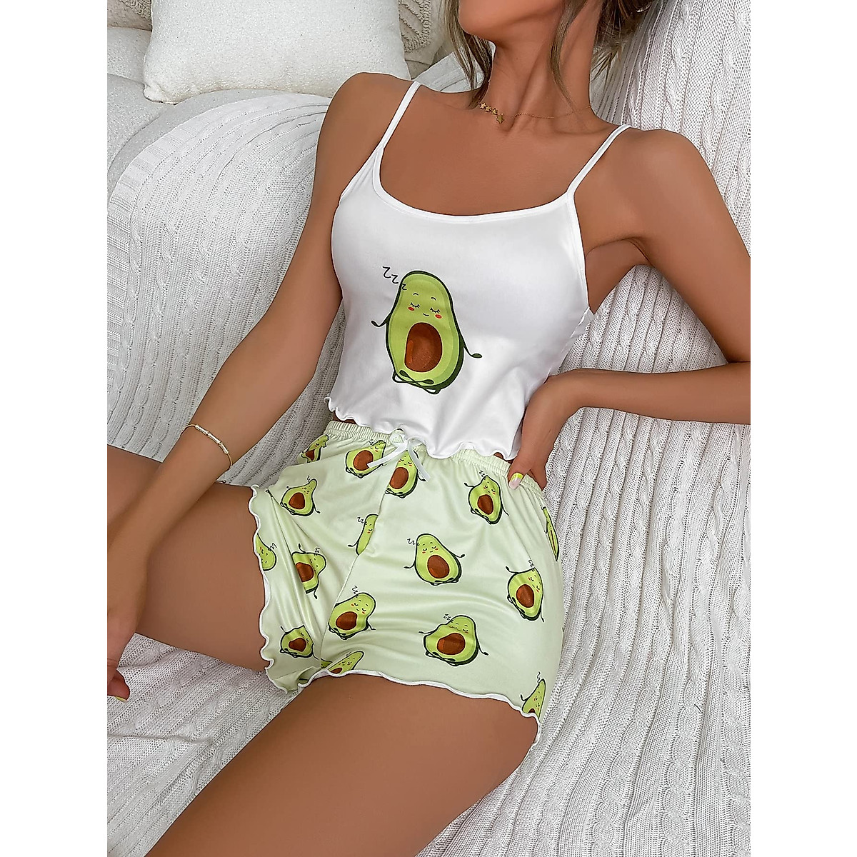 SHENHE Women's Cute Cartoon Print Crop Cami Top and Shorts 2 Piece Summer Pajama Set Avocado Green White S