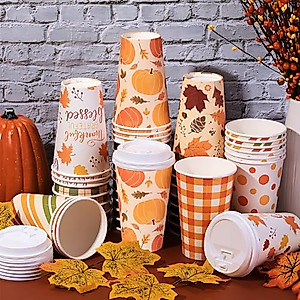 Umigy 120 Pack Fall Paper Coffee Cups 16 oz Thanksgiving Paper Hot Cup Coffee Cups Disposable with Lids and Stirrers Beverage Drinking Cup with 6 Designs for Juice Water Coffee Tea for Home Shops