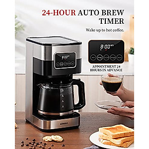 KIDISLE Programmable Coffee Maker, 10-Cup Drip Coffee Machine with Touch Screen, Glass Carafe, Reusable Filter, Warming Plate, Regular & Strong Brew for Home and Office, Black
