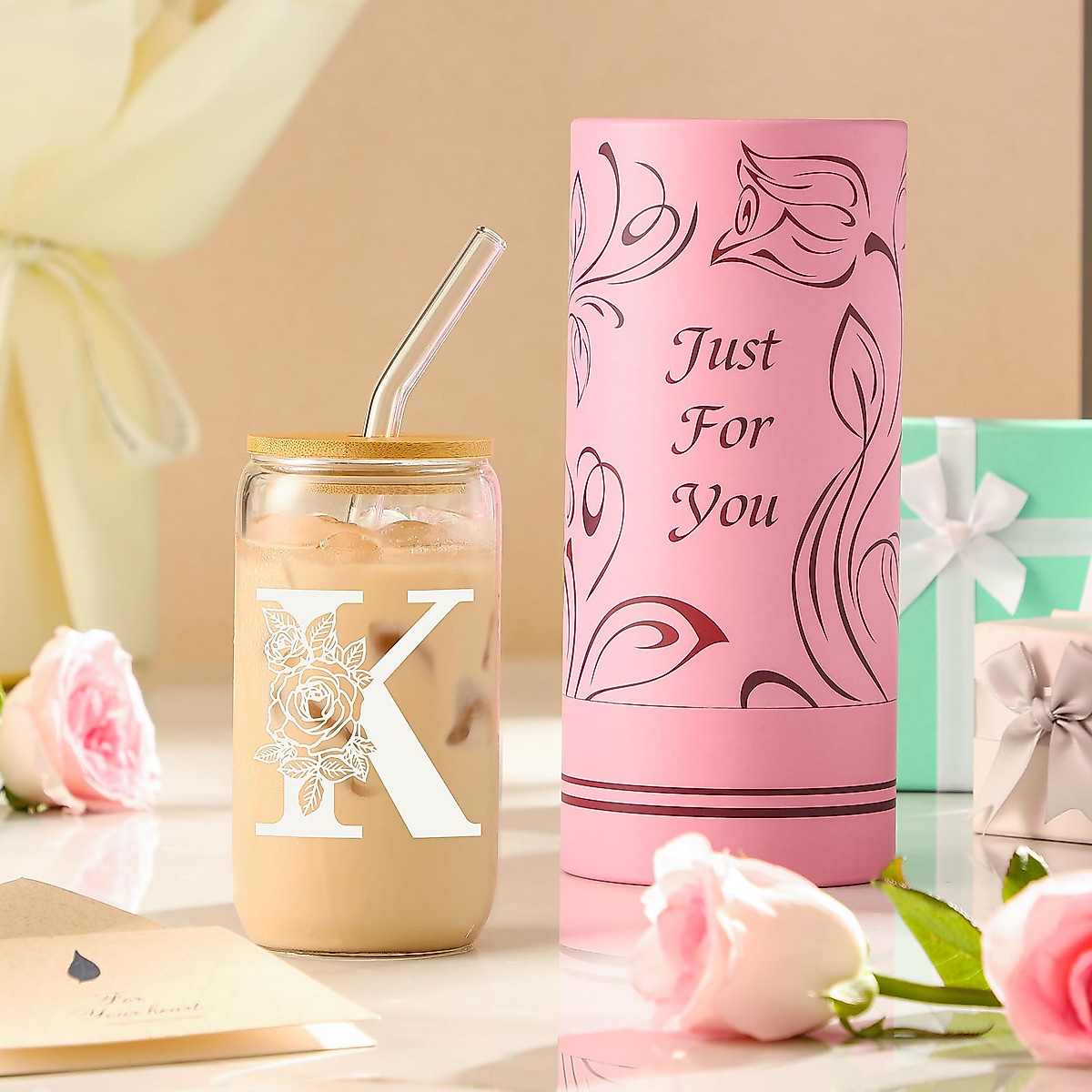 Monogrammed Gifts for Women, Personalized Gifts for Her Mom, Glass Cup with Bamboo Lids and Straws 16 oz, Iced Coffee Cup, Tea Cup, Cute Aesthetics custom Tumbler Cup, Mothers Day, Birthday Gifts - K