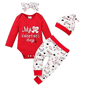 My 1st Valentine Outfits Infant Baby Girl Clothes Newborn Outfits Ruffler Floral Pants Bow Headband Hat 4pcs 3-6 Months Red