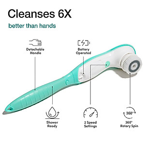 Fancii 7 in 1 Electric Waterproof Facial & Body Cleansing Brush Kit with Handle and 6 Brush Heads - Best Advanced Spin Brush Scrub System for Face & Body (Aqua)