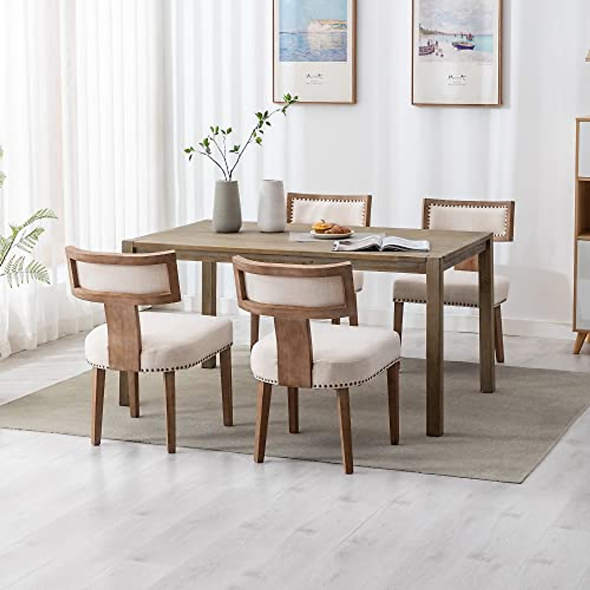 Wahson Set of 4 Farmhouse Kitchen & Dining Room Chairs with Metal Nailhead Trim, Retro Linen Upholstered Dining Chair with Natural Hardwood Legs, Beige