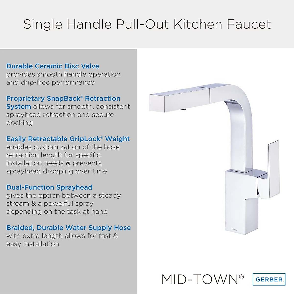 Danze Mid-Town Single Handle Pull-Out Kitchen Faucet with Snapback Retraction, Chrome