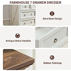 7 Drawer Dresser for Bedroom, 54" Farmhouse Dresser, Rustic Chest of Drawers, White Dresser with Barn Design, LargeTabletop & Antique Bronze Handles, Wood Dresser for Closet, Bedroom Dressers