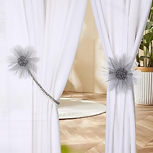 SUQ I OME 2 Pack of Handmade Crystal Pearl Beaded Magnetic Flower Curtain Tieback Holdback for Drapes（Gray