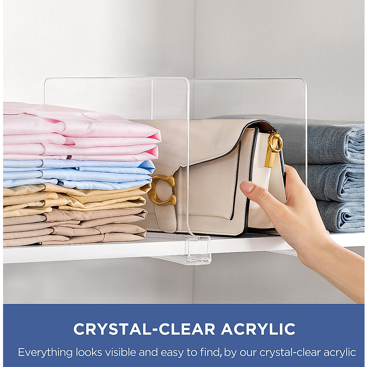 Vorey 12 Pcs Acrylic Shelf Dividers for Closet Organization, Clear Closet Shelf Divider for Wooden Shelving, Suitable for Sweater, Shirts, Handbags in Bedroom and Kitchen