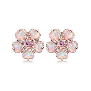 CiNily 14K Rose Gold Plated Flower Stud Earrings Womens Pink Opal Earrings Hypoallergenic Big Gemstone Stud Earrings 15mm