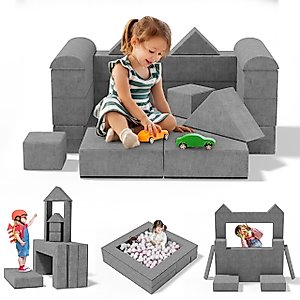 Xilingol Modular Kids Play Couch, Toddler Couch Kids Sofa with Ottomans, Convertible Foam Couch Play Set for Creative Boys & Girls, Kids Couch Building Fort for Playroom & Nursery （Grey）