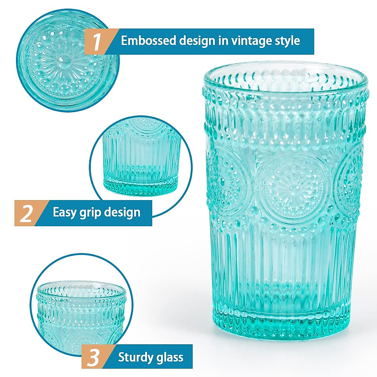 MDLUU Colored Glassware, Multicolor Drinking Glasses, Embossed Water Glasses, Colored Tumblers Glass, Capacity 12oz/345ml, Set of 4