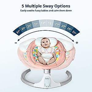 Bioby Baby Swing for Infants,The Five-Point Seat Belt,Bluetooth Touch Screen/Remote Control Baby Bouncer with Music Speaker,Motorized Portable Swing with 5 Swing Speeds（Pink）