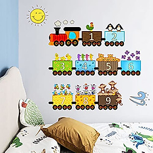 Colorful 9 Number Wall Decals, Creative Figures Sitting in The Train Wall Stickers, Interesting Early Education Digitals Wallpaper, Removable DIY Art Mural for Kids Bedroom, Nursery, Classroom