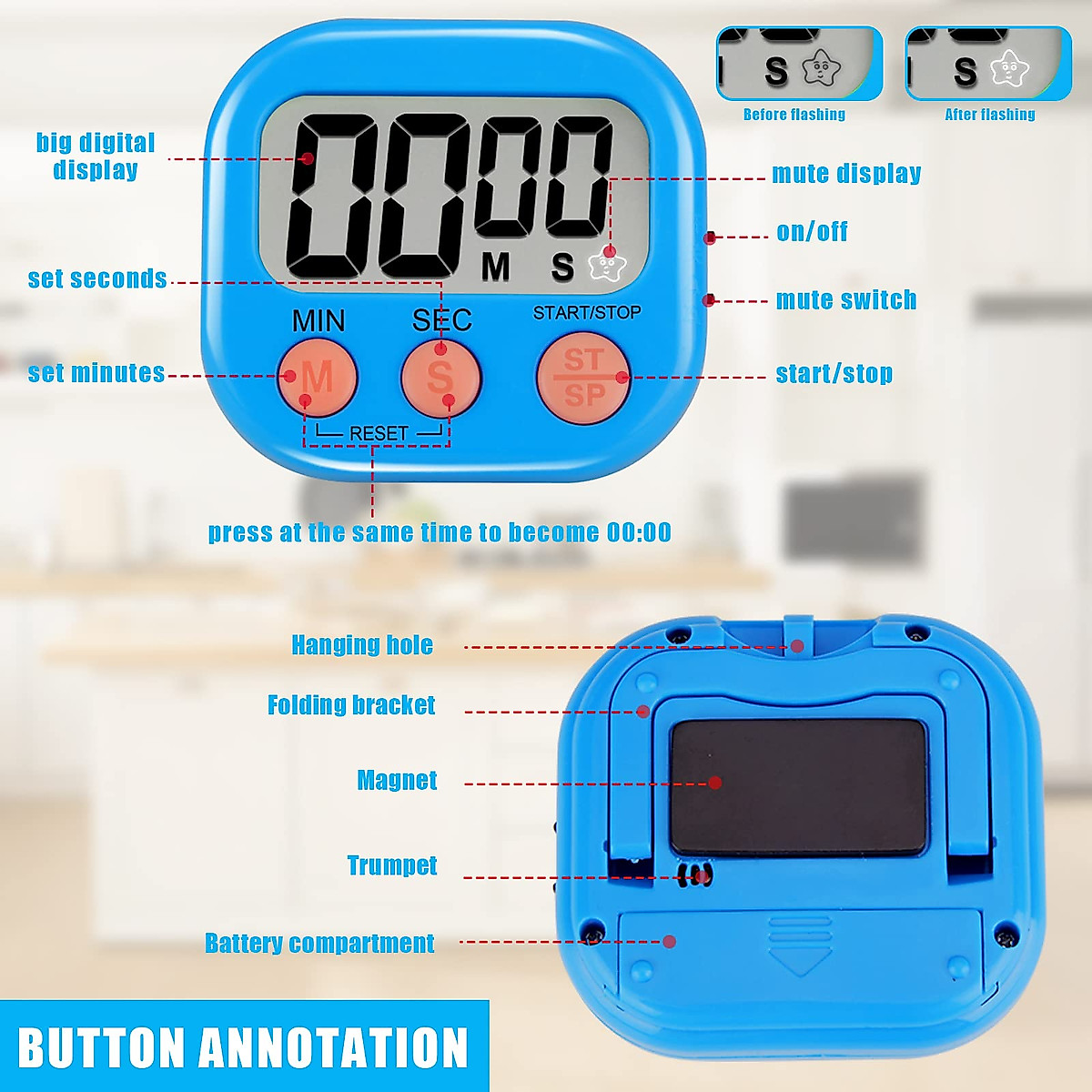 6 Pack Multi-Function Electronic Timer - Magnetic Digital Timers Big LCD Display The Loud / Silent Switch Countdown Timer Extensively Use in Break Time, Cooking,Gym, Meeting, Classroom