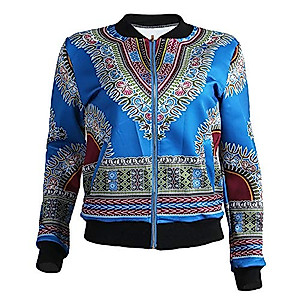 DONTAL Women Dashiki Coat Retro Long Sleeve African Print Short Casual Jacket Autumn Outwear Blue