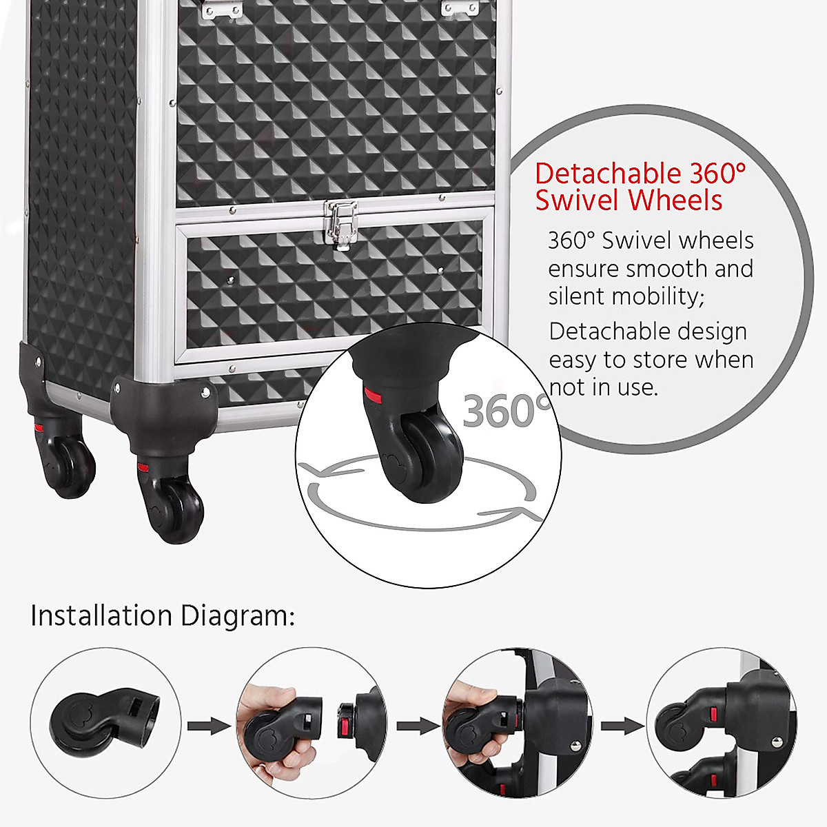 Topeakmart Professional Large Makeup Case, Professional Rolling Cosmetic Organizer Trolley, Portable Travel Makeup Train Case, With Drawer, Locks and Wheels - Black