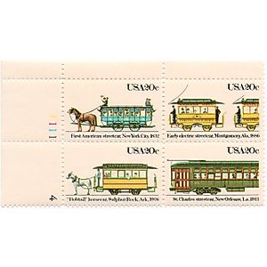 US Postage Stamp 1983 Street Car Issue Plate Block Of 4 Stamps 20 Cents Scott #2059-2062