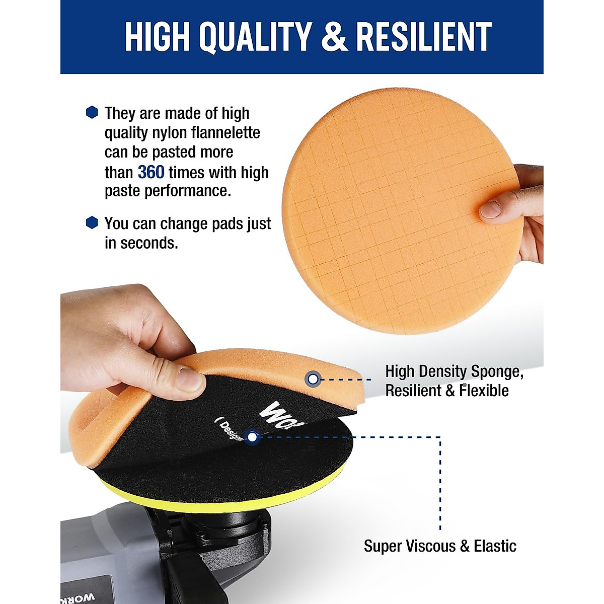 WORKPRO 7.5 Inch Buffing Sponge Pads, 5Pcs 7.5 Inch Face for 7 Inch Backing Plate, Cutting Polishing Pad Kit for Car Buffer Polisher Compounding, Polishing and Waxing