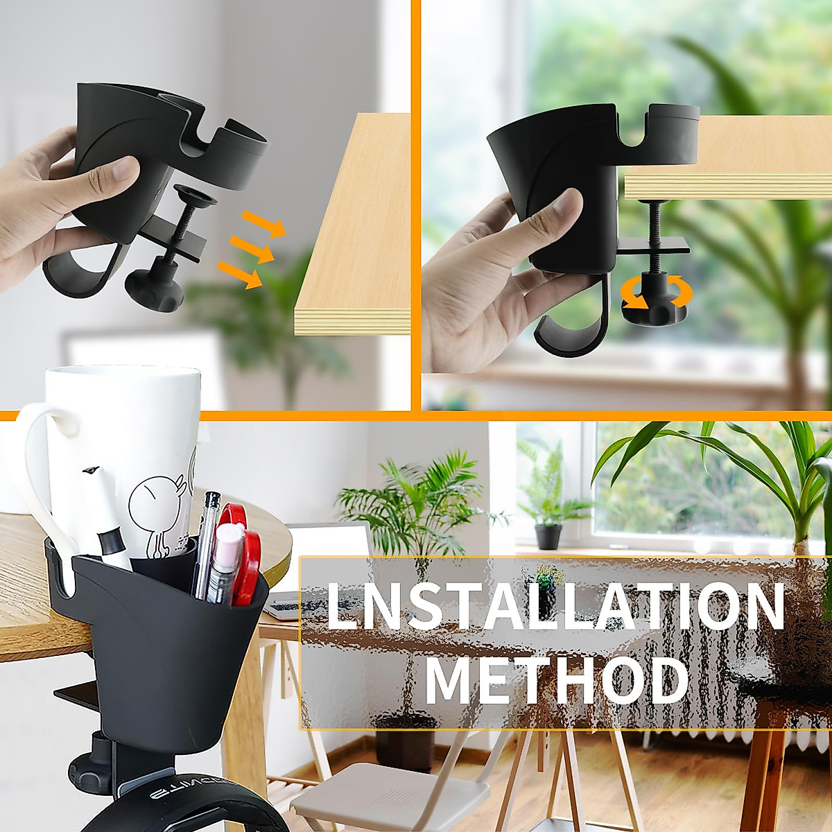 3 in 1 Desk Cup Holder - Organize Your Space with Headphone Hanger, Pen Holder, and Anti-Spill Cup Holder. Ideal for Water Bottles, Wheelchairs, Workstations, and Gaming Desk Accessories. (Black)