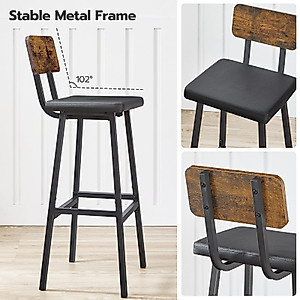 HOOBRO Bar Stools, Bar stools Set of 2 PU Upholstered Tall Bar Chairs, Barstools with Backrest and Footrests, for Kitchen, Dining Room,Bar, Cafe, Rustic Brown and Black BF84BY01