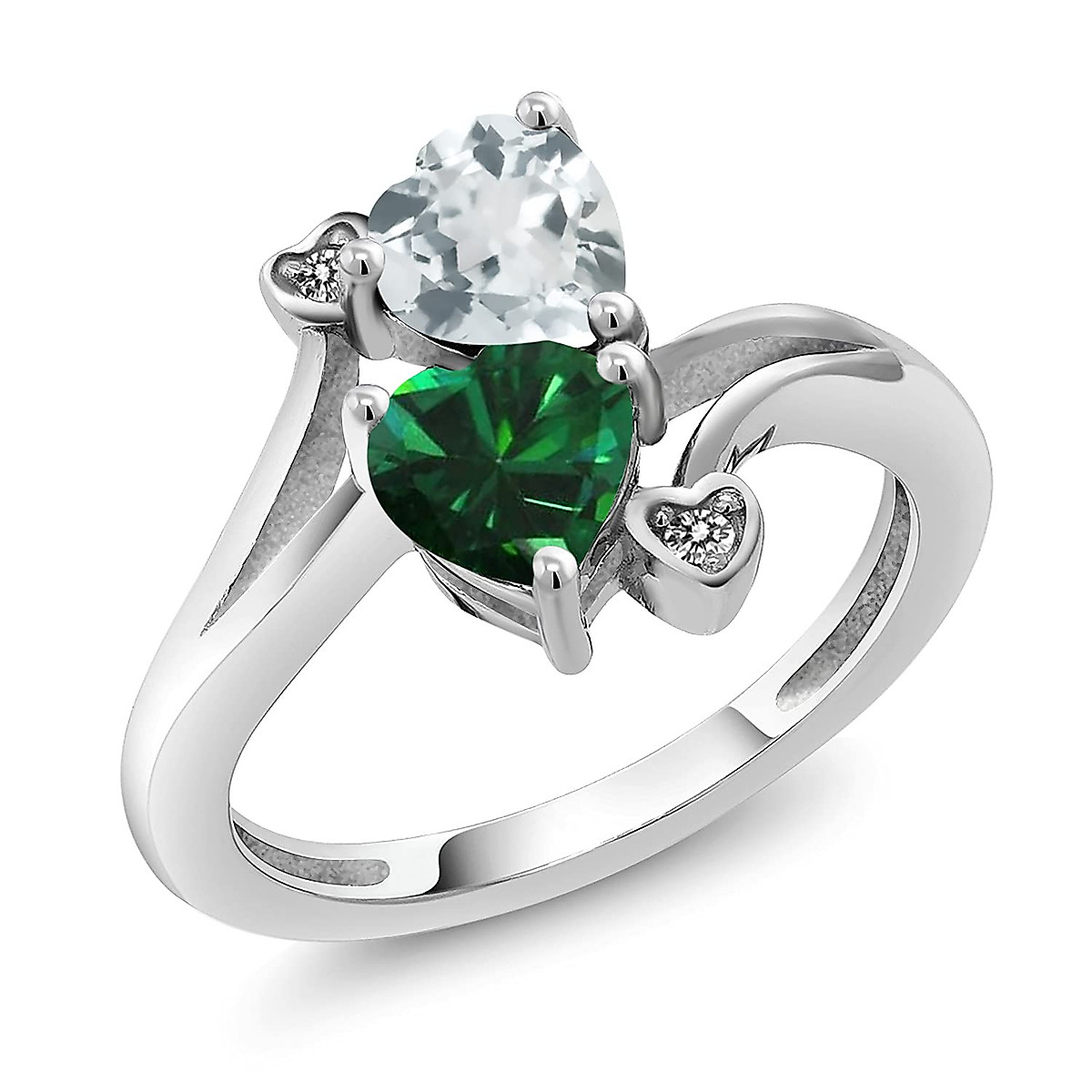 Gem Stone King 925 Sterling Silver Sky Blue Aquamarine Green Nano Emerald and White Diamond Ring For Women (1.38 Cttw, Heart Shape 6MM, Gemstone March Birthstone, Available In Size 5, 6, 7, 8, 9)