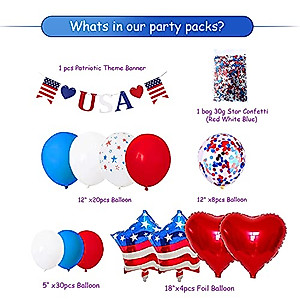NAIWOXI Patriotic Decorations - American Flag Decorations Included Banner, Paper Fans, Confetti, Photo Booth Props, Garland Balloons, for Presidents Day, Election Day Party, 4th of July Party Supplies