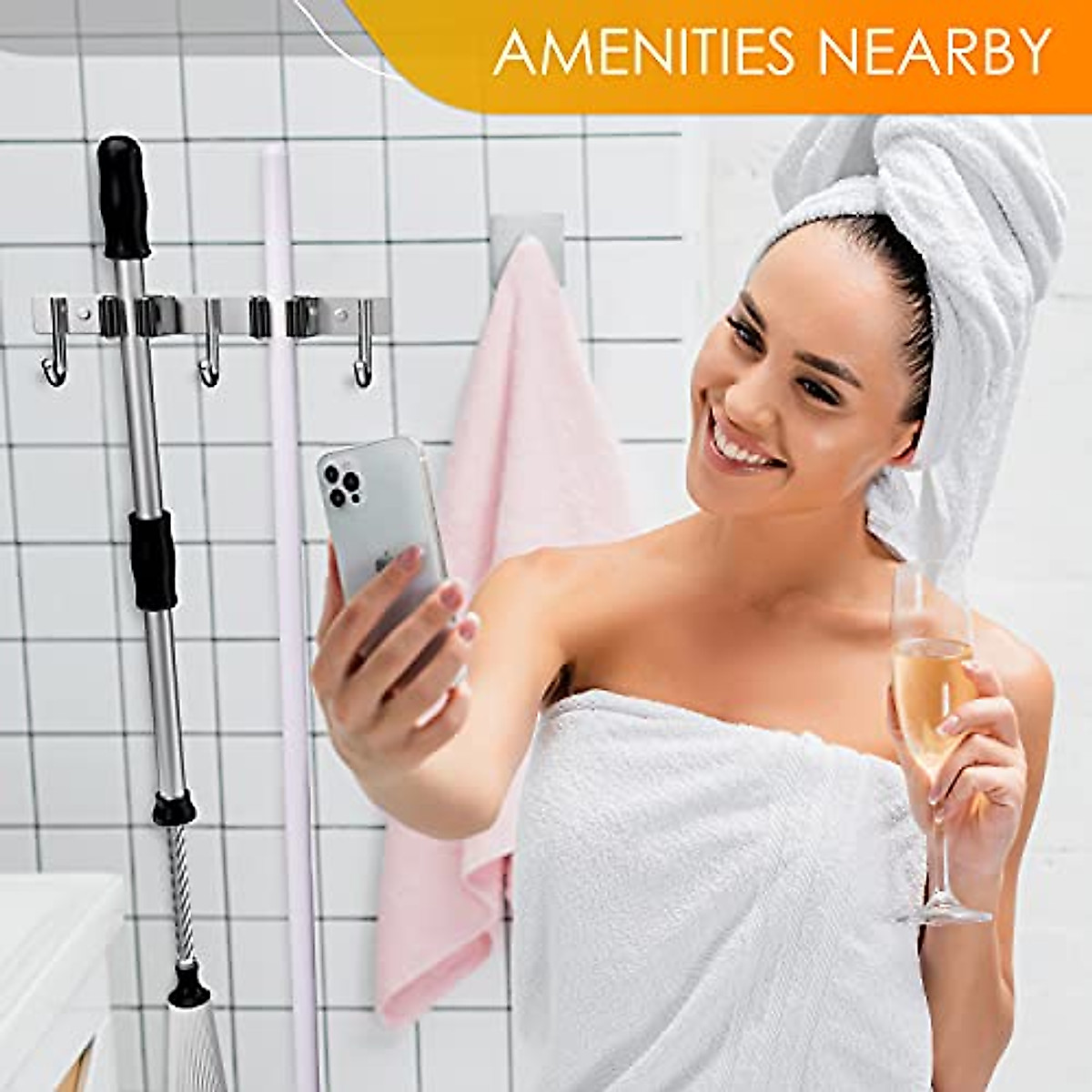 SAYONEYES Screw and Adhesive Broom Holder Wall Mount - Heavy Duty SUS304 Stainless Steel Broom and Mop holder for Laundry Room, Garden, Garage (2 Racks 3 Hooks - Black)