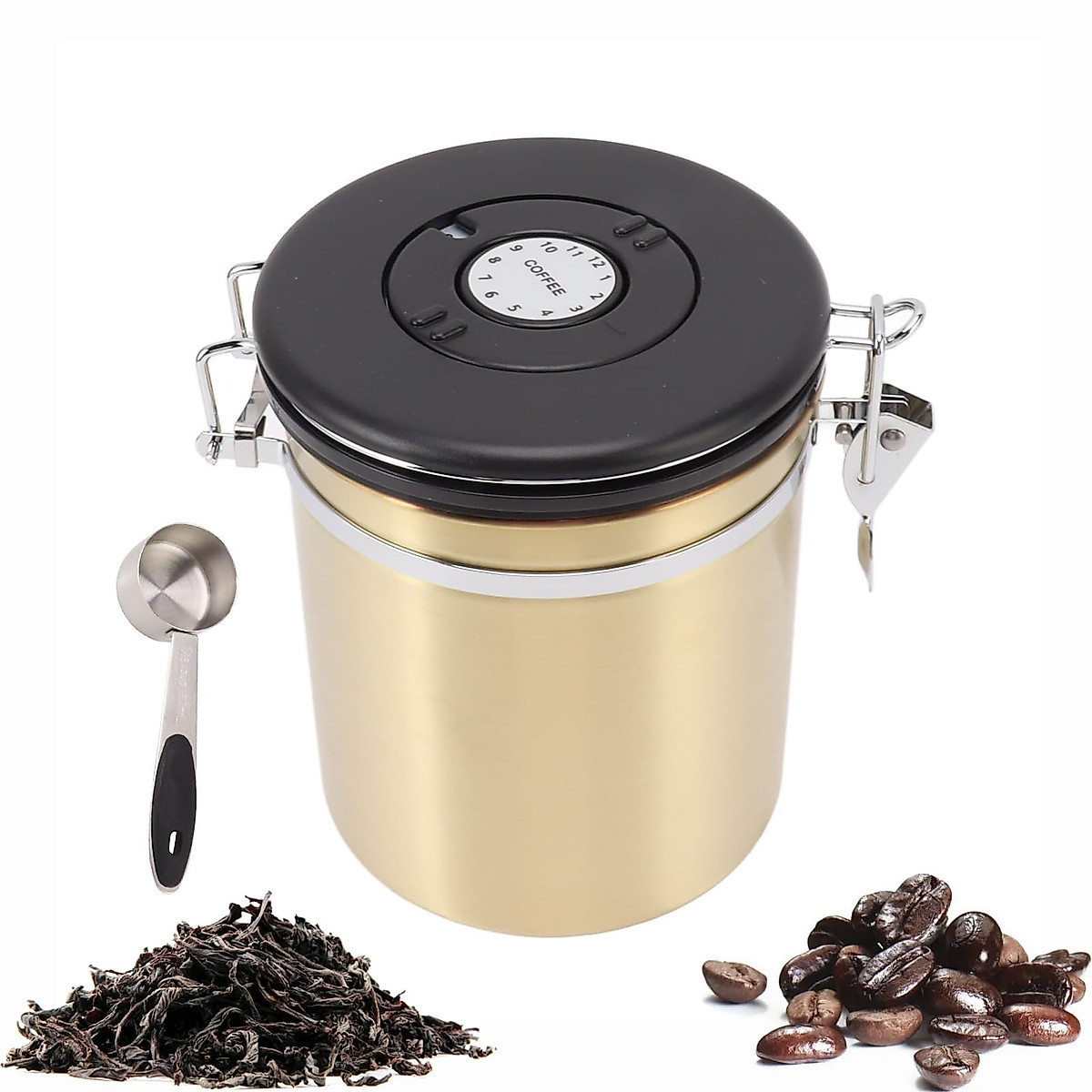 Airtight Coffee Canister, Stainless Steel Canister Coffee Storage Container with Airtight Lid Date Tracker and Measuring Spoon Coffee Grounds and Beans Container Coffee Jar for Beans Ground Tea(1.5L)