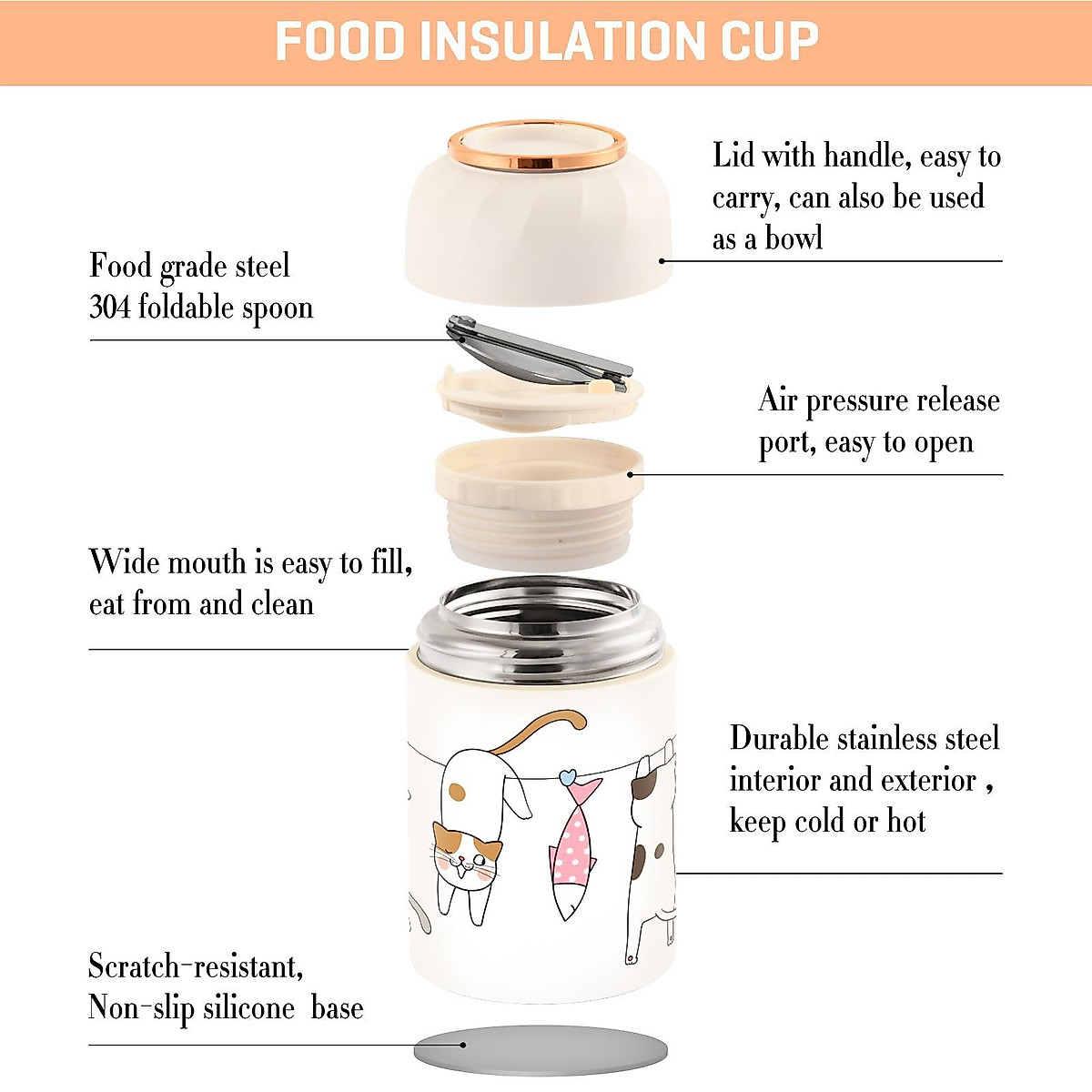 CUPADA Cute Cat Fish Food Jar, Funny Kittens Insulated Hot Food Jars Vacuum 17OZ with Folding Spoon for Work Trip Picnic Camping