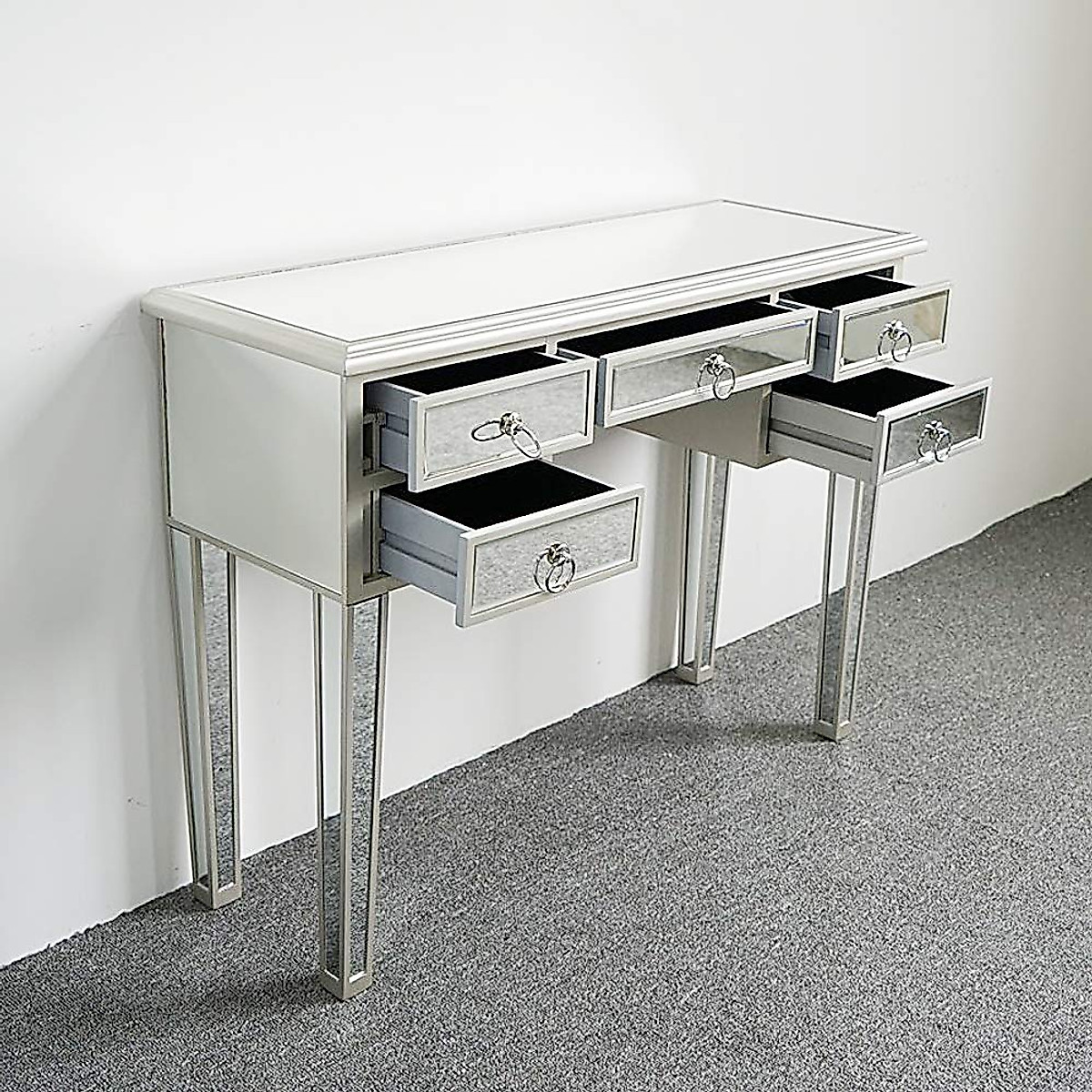 Henf Mirrored Makeup Vanity Table Desk,Mirrored Console Table, 5 Drawers Media Console Table for Women Home Office Writing Desk Smooth Finish