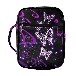 BIGCARJOB Womens Bible Cover Purple Butterfly Print Portable Bible Cover Carrier Tote Bags with Bookmark Bible Holder Girls Bible Cover Carrier Carrying Organizer Bag Travel Bible Cover Large Size
