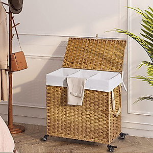 Greenstell Laundry Hamper with Wheels&Lid, 140L Large 3 Sections Clothes Hamper with 2 Types Removable Liner Bags, 5 Mesh Laundry Bags, Handwoven Divided Laundry Basket for Clothes, Natural
