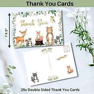 153 Pc Woodland Baby Shower Invitations For Boy And Girl With Envelopes, Baby Thank You Cards, Book Request Cards, Diaper Raffle Box With Ticket & Sign, Guess How Many Baby Shower Game -25 Guest Set