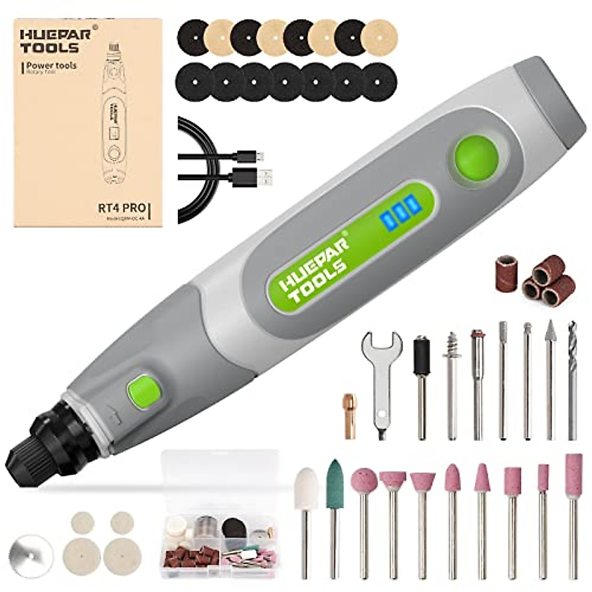Huepar Tools Mini Cordless Rotary Tool with LED Light, 3-Speed Power Rotary Tool 5000-18000RPM with 98Pcs Accessories, 4V Rotary Tool for Sanding, Polishing, Drilling, Cleaning, DIY Crafts-RT4 PRO