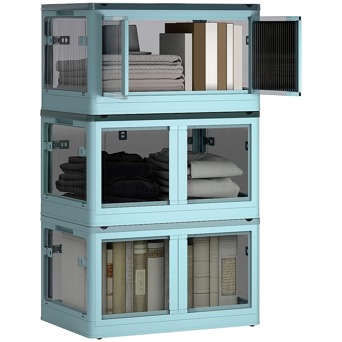 HOMCOM 18 Gal Stackable Storage Bins with Lids, 3 Packs Collapsible Closet Organizers and Storage, Plastic Drawer Storage Container on Wheels with 5-Sided Access, Doors for Blankets, Blue