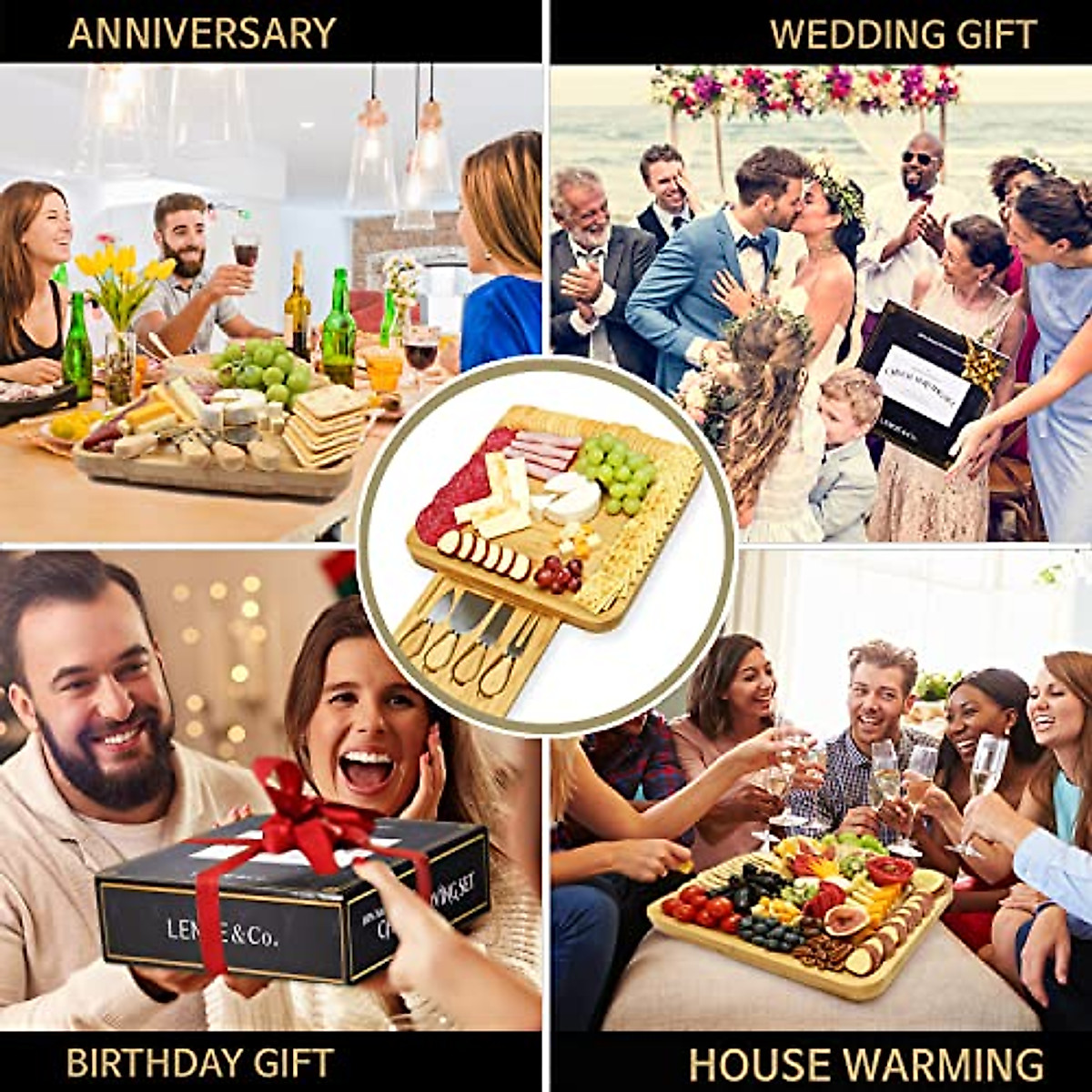 LENUE Premium Bamboo Cheese Board - Large Charcuterie Platter with Stainless Steel Knife Set - Wood Serving Tray and Accessories - Perfect for Birthday, Bridal Shower, Housewarming & Wedding Gifts